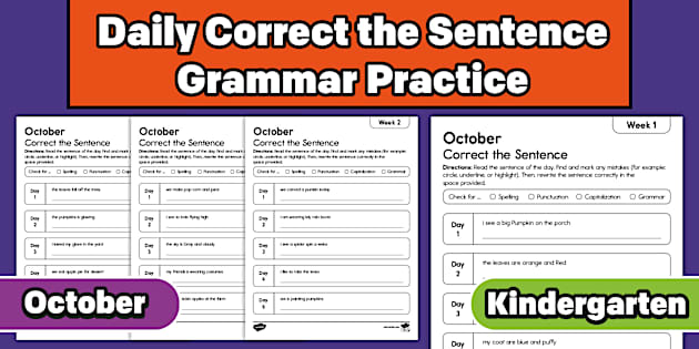 Kindergarten October Daily Correct the Sentence Grammar Practice