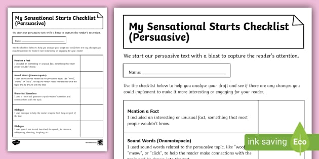 Sensational Starts Student Checklist (Persuasive) - Twinkl Sensational Starts Student Checklist (Persuasive) - Twinkl