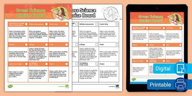 Gross Science Choice Board for 3rd-5th Grade - Twinkl