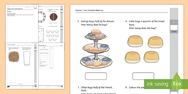 Editable Semester 1 Year 2 Fractions Maths Test - Twinkl