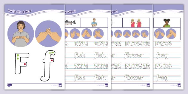 Words Starting with F Handwriting Worksheets with Auslan