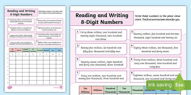 8-Digit Numbers – Place Value Reading and Writing Worksheet