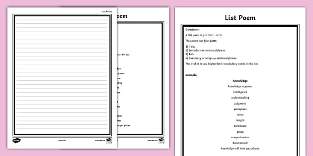 Eighth Grade List Poem Worksheet (teacher made) - Twinkl