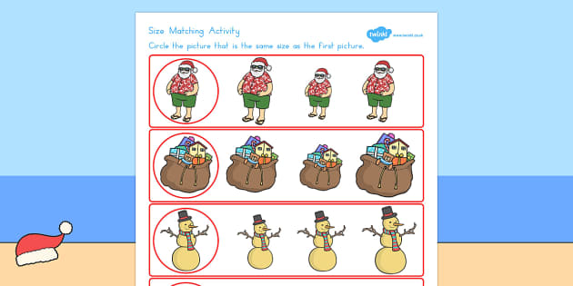 Christmas Themed Size Matching Worksheet - Twinkl