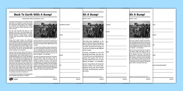 Back To Earth Newspaper Report Reading Comprehension Activity