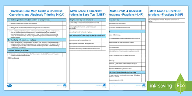 Fourth Grade Common Core Math Standards Teacher Checklist
