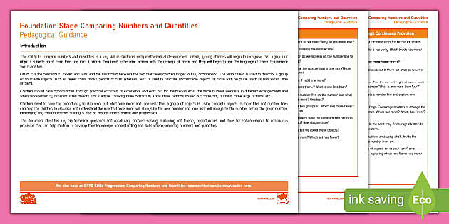 EYFS Maths Pedagogical Guidance: Comparing Numbers and Quantities