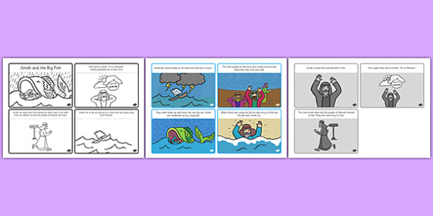 Jonah and the Big Fish Story Sequencing Black & White (4 per A4)