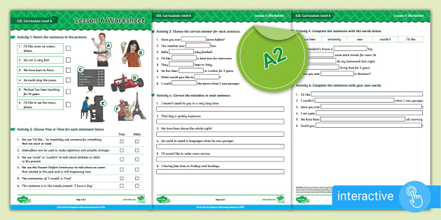 ESL Curriculum Level 6, Lesson 6 Interactive Worksheet