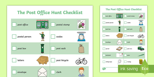 The Post Office Aistear Hunt Checklist (teacher made)
