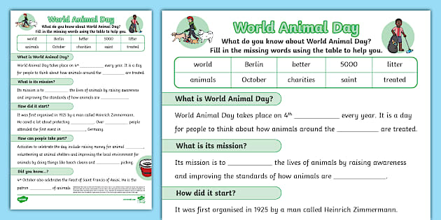 World Animal Day Cloze Worksheet - Twinkl - KS1 - Twinkl