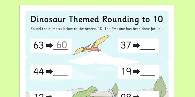 Dinosaur Themed Rounding To 10 Worksheet (teacher made)