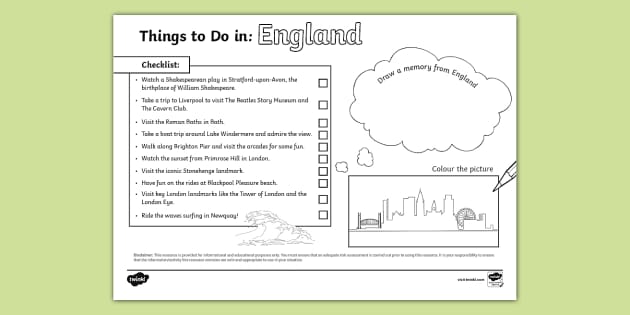 Best Things to Do in England Checklist Activity