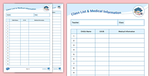 My Teaching File: Class List & Medical Info (teacher made)