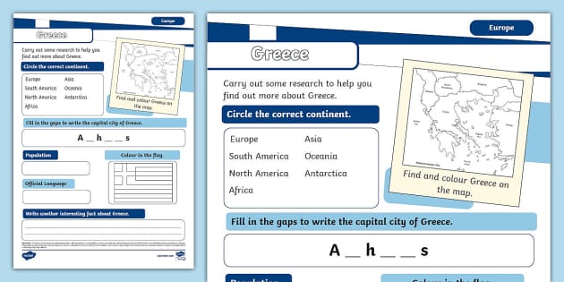 KS1 Greece Research Activity - Geography (teacher made)