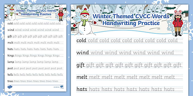 Winter Themed CVCC Words Handwriting Practice Worksheet Winter Themed CVCC Words Handwriting Practice Worksheet