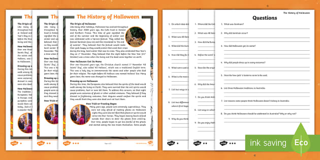 Halloween Reading Comprehension - History Of Halloween - English