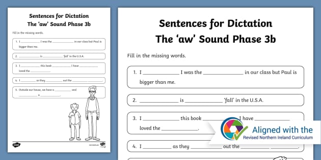 Northern Ireland Linguistic Phonics 3b 'aw' Sound Dictation Sentences