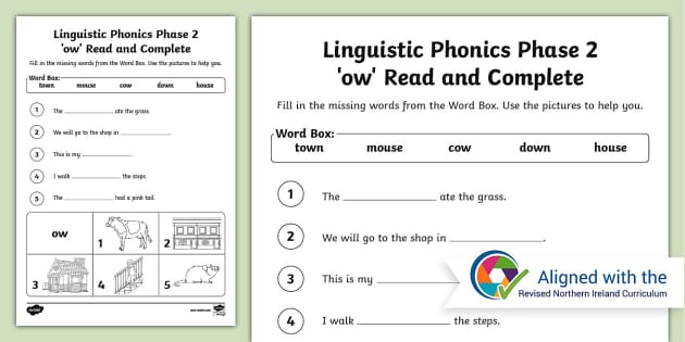 Linguistic Phonics Phase 2 Read Complete 'ow' Activity Sheet