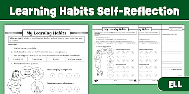 Learning Habits Self-Reflection | Growth Mindset Worksheet for ELL