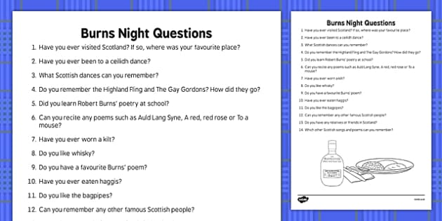 Burns Night Quiz Questions Prompt Sheet (teacher made)
