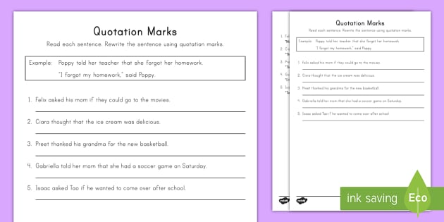 Quotation Marks Worksheet / Worksheet - Dialogue, Dialogue tags, Quotes