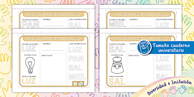 Guía |Trabajo | Colorea | Escribe | Lee | 1 sílaba | NEE