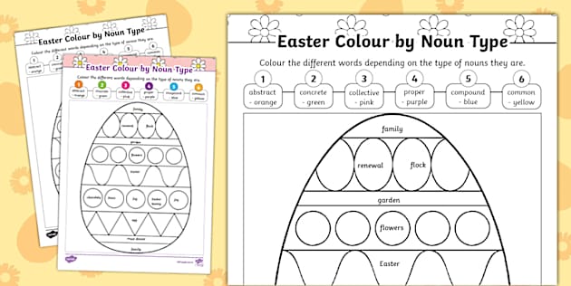 * NEW * Easter Colour by Noun Type Worksheet - Twinkl