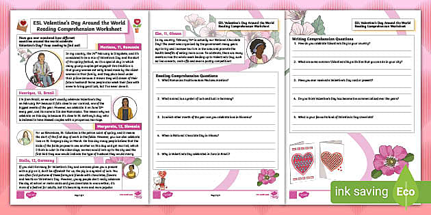 ESL Valentine's Day Around the World Reading Comprehension Worksheet