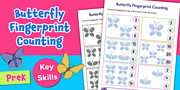 PreK Butterfly Fingerprint Counting Worksheet - Twinkl