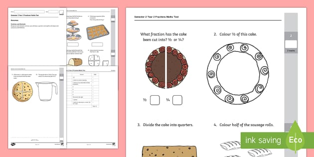 Semester 2 Year 2 Fractions Maths Test (teacher made)