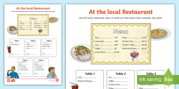 *At the local Restaurant– Singapore Money Worksheet*