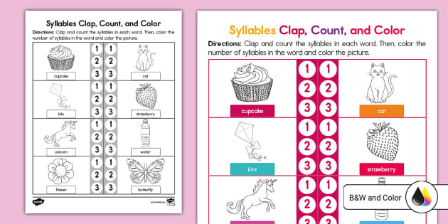 Kindergarten Syllables Clap Count And Color Worksheet