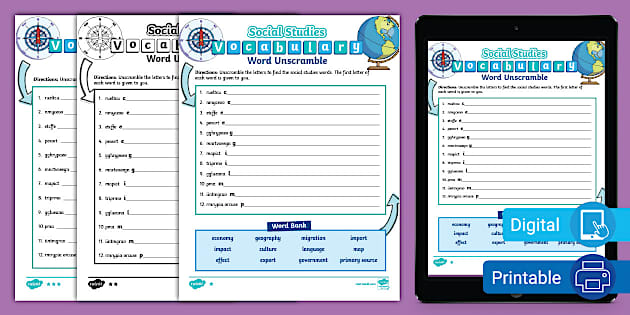Tier 3 Social Studies Vocabulary Word Unscramble - Twinkl