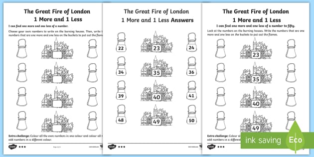 KS1 The Great Fire of London 1 More and 1 Less Differentiated Worksheets