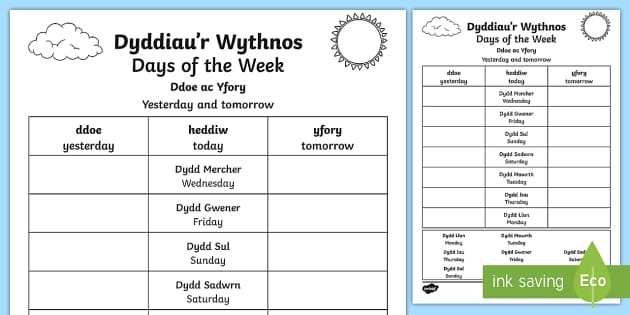 Yesterday and Tomorrow in Welsh Worksheet | Twinkl Wales