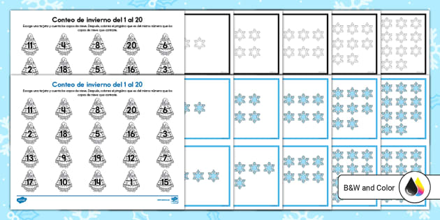 Empareja y colorea: Conteo de invierno del 1 al 20 - Twinkl