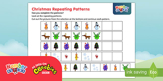 FREE Numberblocks Christmas Repeating Patterns Worksheet