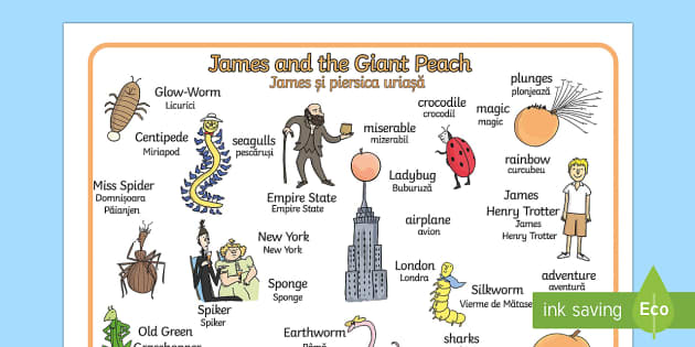 James and the Giant Peach Word Mat English/Romanian - Twinkl