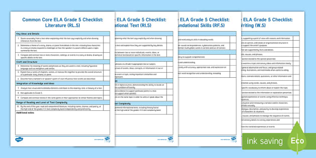 Fifth Grade Common Core ELA Standards Teacher Checklist
