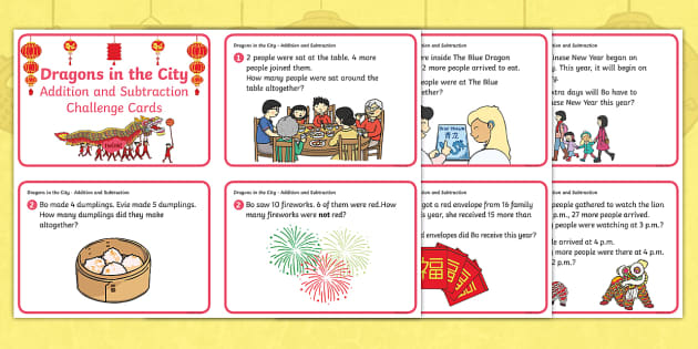 Dragons in the City Addition and Subtraction Challenge Cards