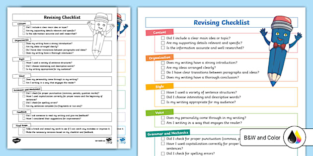 Revising Writing Checklist for 3rd-5th Grade (teacher made)