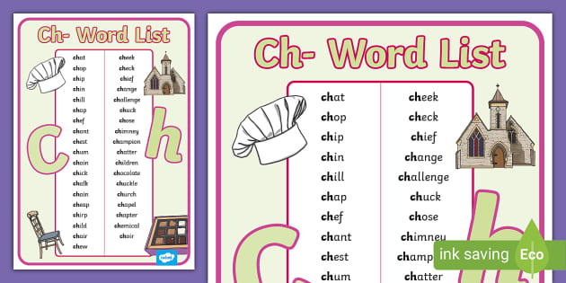Letter Pairs Word Lists Beginning With ch KS1 Phonics