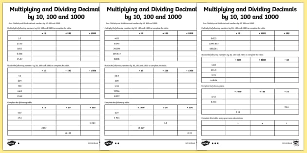 Grade 6 Multiplying And Dividing Decimals By 10 100 And 1000 Worksheet