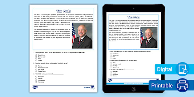Fourth Grade Tim Walz Reading Passage Comprehension Activity