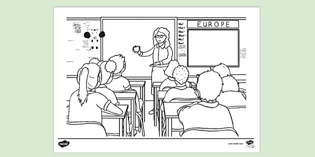 FREE! - Children in Classroom and Teacher With Apple Colouring Sheet