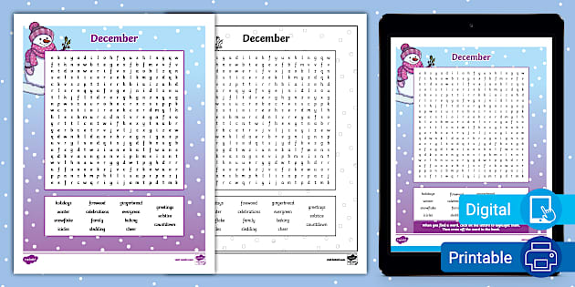 December Word Search for 3rd-5th Grade - Twinkl