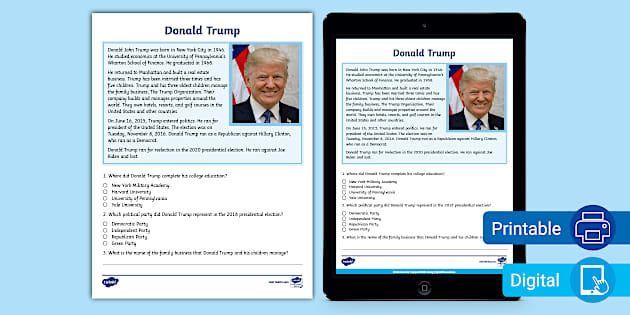Fourth Grade Donald Trump Reading Passage Comprehension