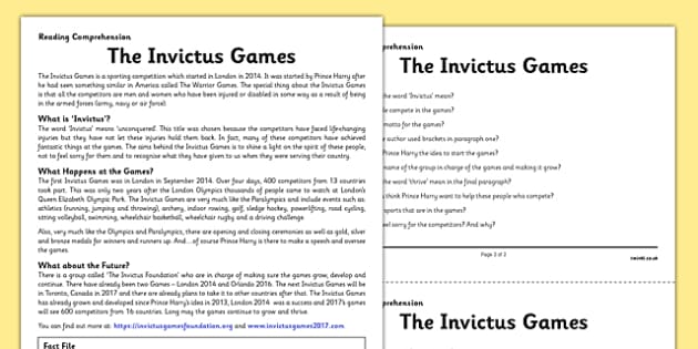 The Invictus Games KS2 Differentiated Reading Comprehension Activity