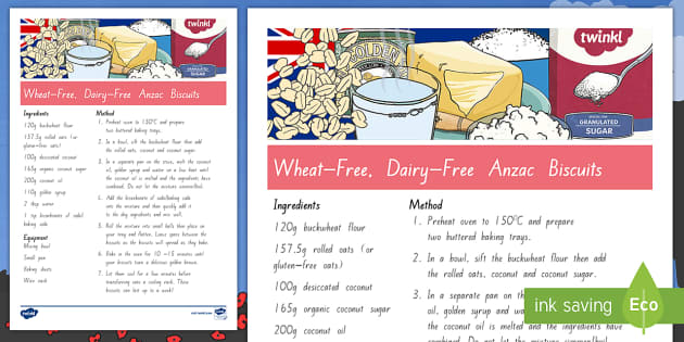 Wheat-free, Dairy-free Anzac Biscuits Recipe (teacher made)